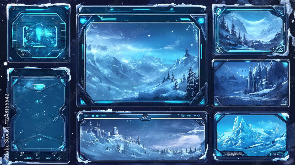 Game streaming overlay panels and buttons with ice texture and snow ...