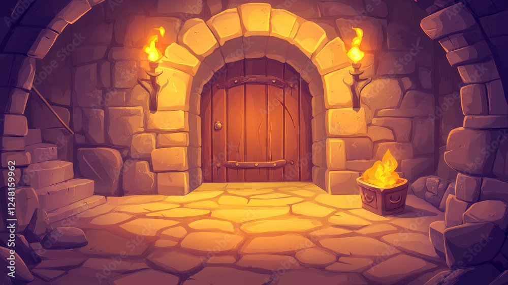 Underground dungeon with wooden door, torch fire and treasure chest ...