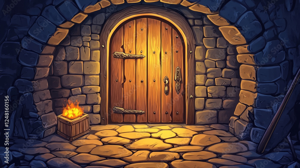Underground dungeon with wooden door, torch fire and treasure chest ...