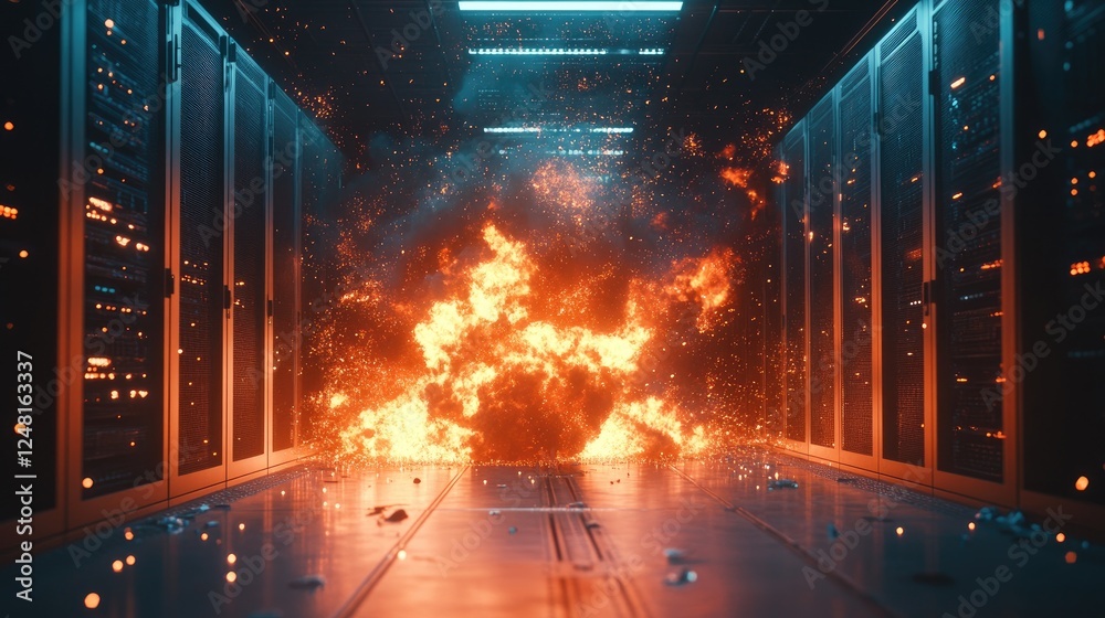 Data center explosion with fire, sparks, and smoke rising between ...