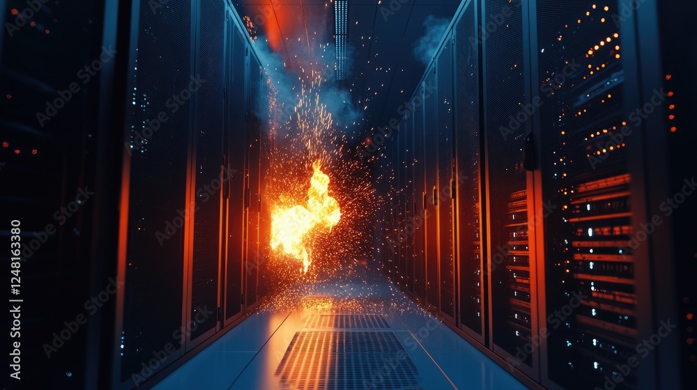 Data center explosion with fire, sparks, and smoke rising between ...