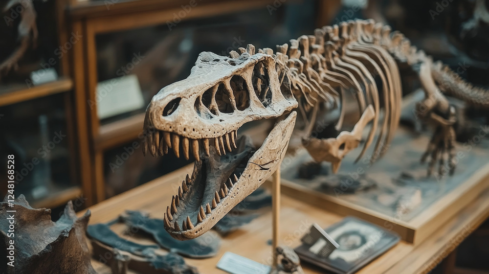 Historical museum interior with dinosaur skeleton and archeological ...
