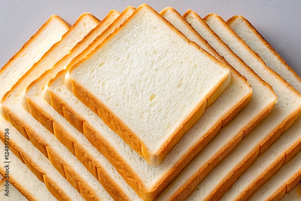 Stacked slices of fresh bread arranged neatly on a simple bright ...