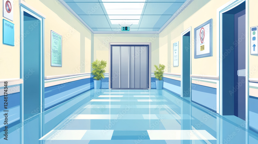 Hospital corridor with room door vector cartoon background. Emergency ...