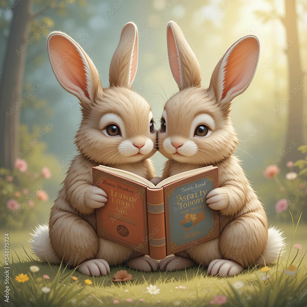 It looks like you want an image of cute bunnies reading a book. Stock ...