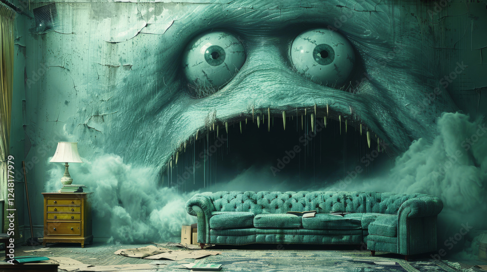 Giant monstrous face emerging from the walls of a decayed room Stock ...