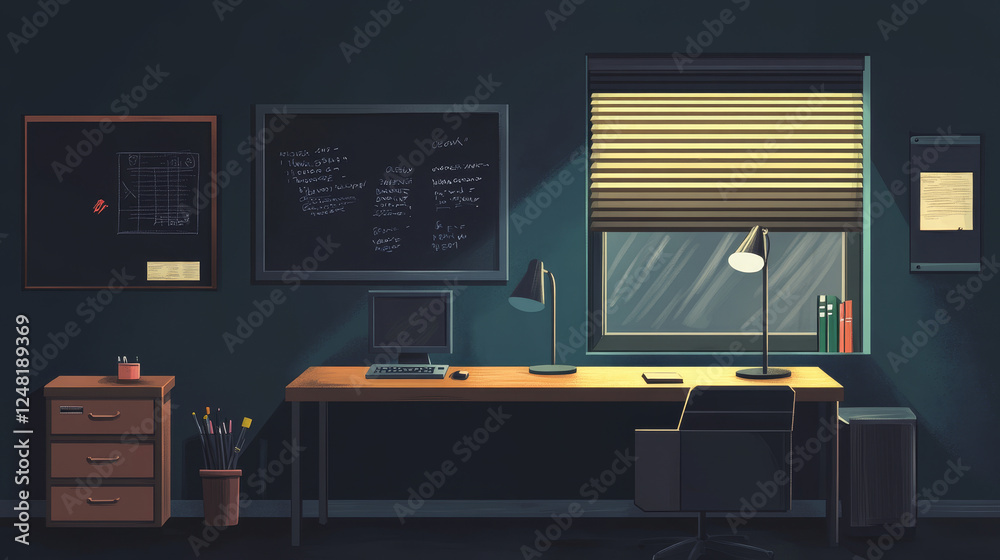Police department office interior at night. Empty dark room in police ...