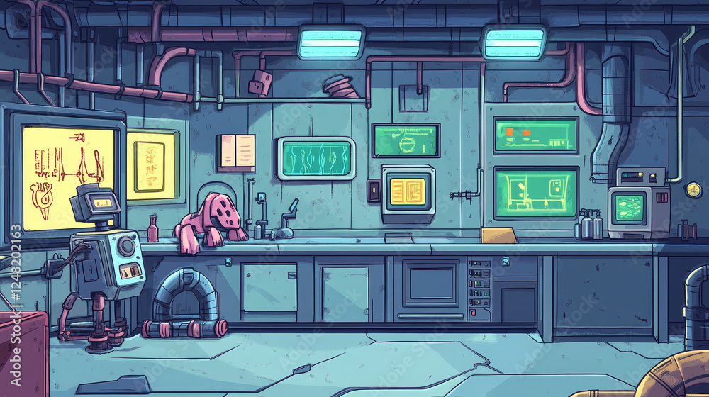 Cartoon lab technology interior vector background. Laboratory robot ...