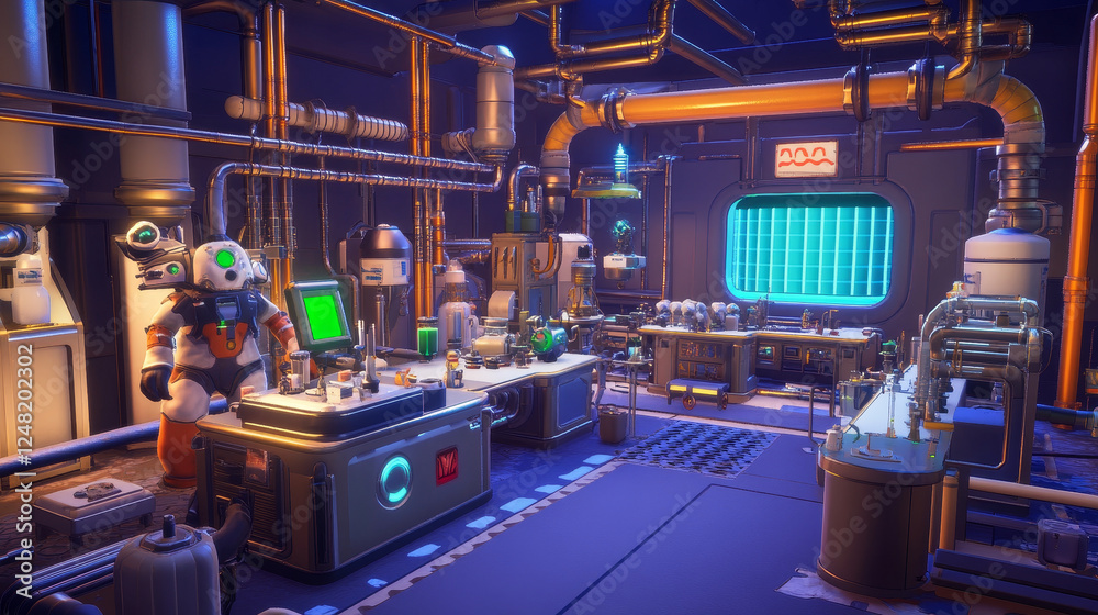 Cartoon lab technology interior vector background. Laboratory robot ...