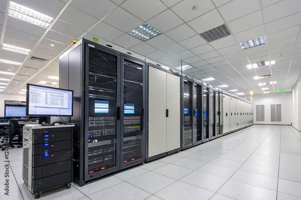 Modern Data Center with Server Racks and Network Monitoring Station ...