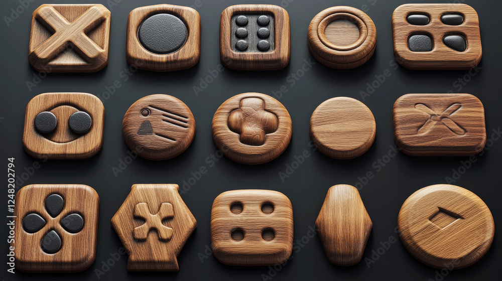 Realistic set of wooden game buttons sprite sheet isolated on ...