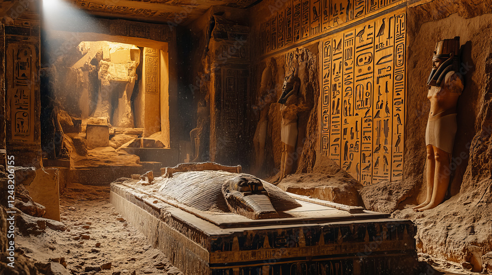 Ancient Egyptian pyramid inside. Pharaoh tomb with stone sarcophagus and statues. Room interior ...