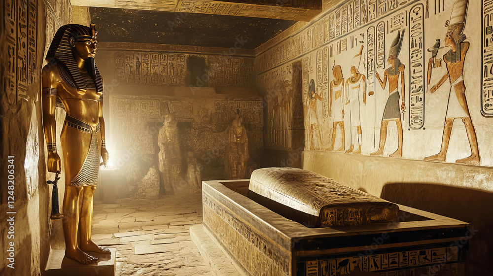 Ilustración de Stock Ancient Egyptian pyramid inside. Pharaoh tomb with stone sarcophagus and ...