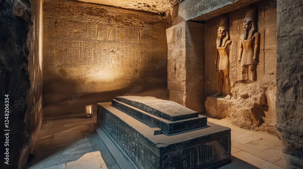 Ancient Egyptian pyramid inside. Pharaoh tomb with stone sarcophagus and statues. Room interior ...