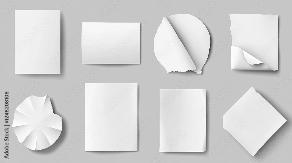 White stickers with curl corners and wrinkles. Peeling off sticky notes ...