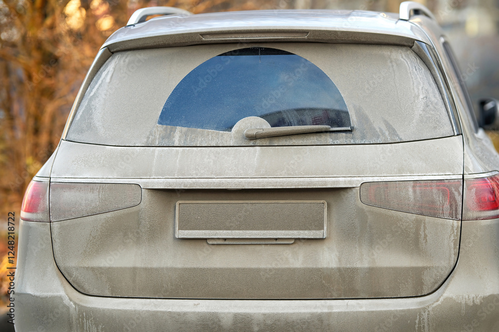 Dirty car rear window obstructed by salt stains and dry mud from winter ...