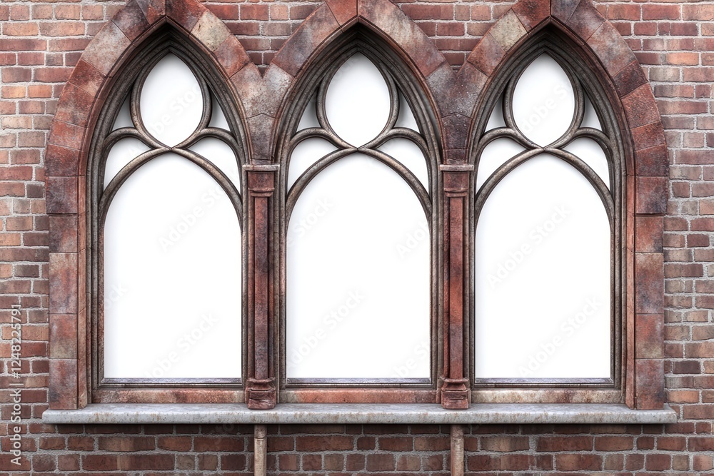 Gothic arched windows, brick wall, blank panels, building facade ...
