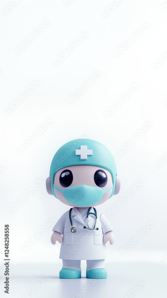 A blind box toy character of a cute doctor robot wearing a white ...