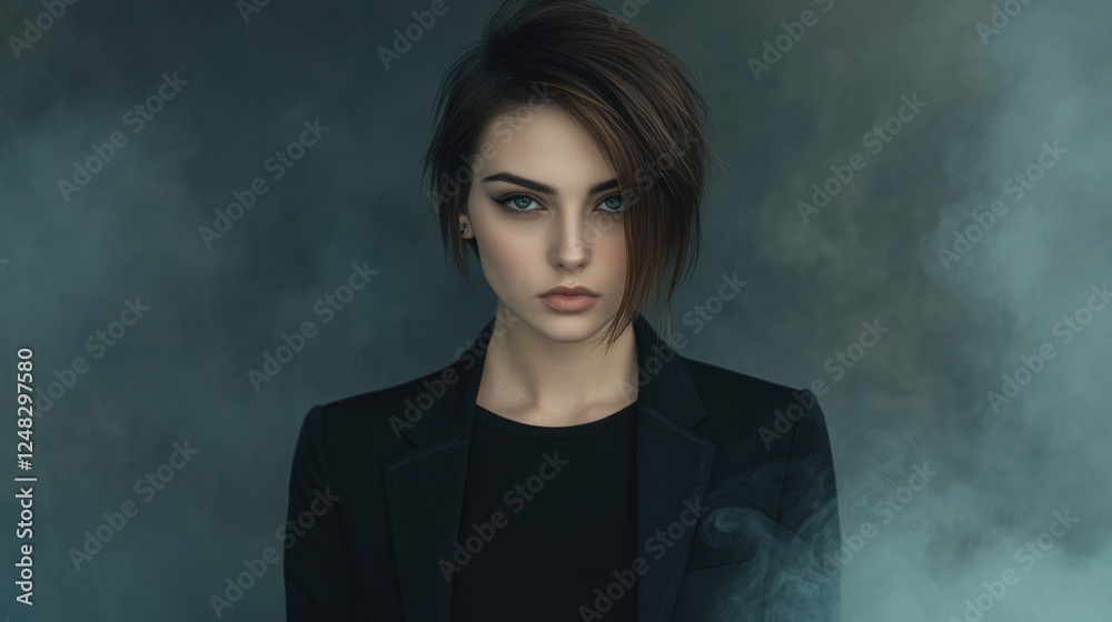 Short-haired female model in black t-shirt and blazer surrounded by ...