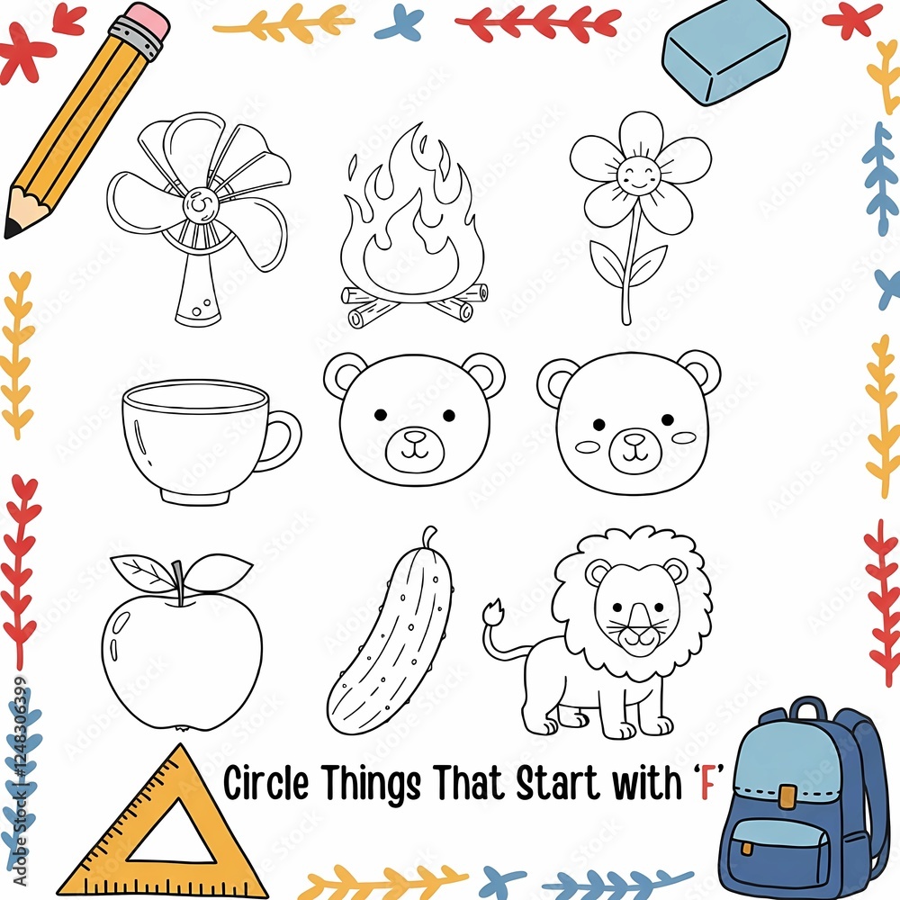 Ilustración de Stock Letter F Beginning Sounds Worksheet with Cute ...