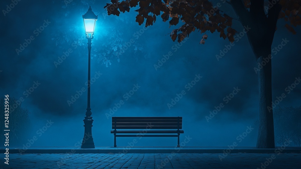 Solitude captured at night with an empty park bench under a softly ...