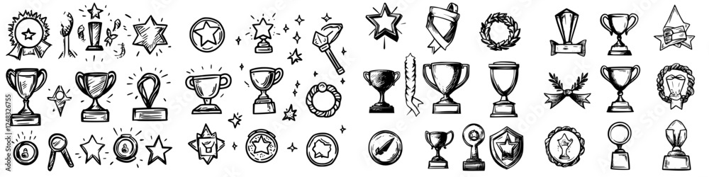 Variety of award trophies and recognition symbols illustrated in black ...