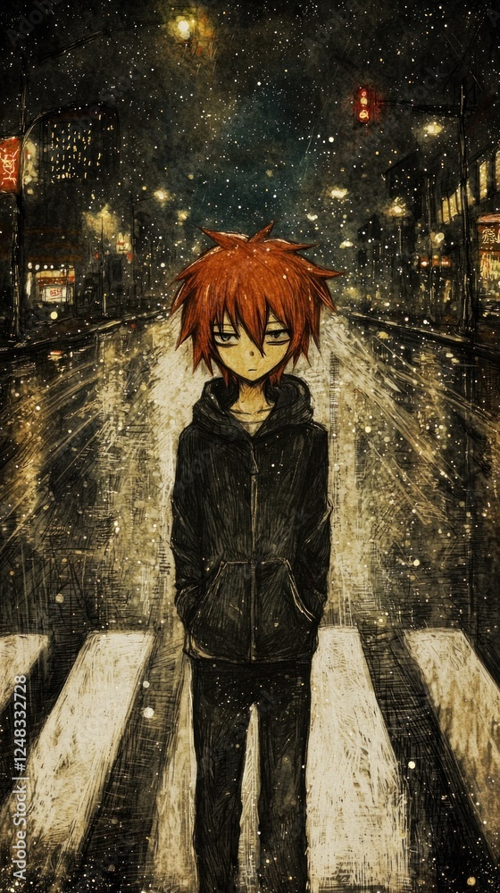 Sad boy on city street at night, snowy scene, possible use in album ...