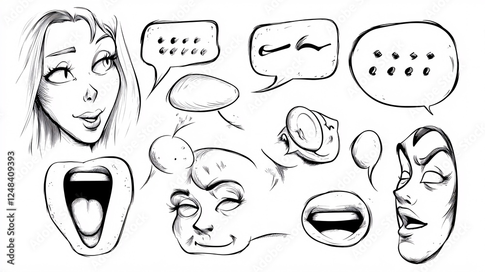 Collection of diverse facial expressions and speech bubbles in black ...