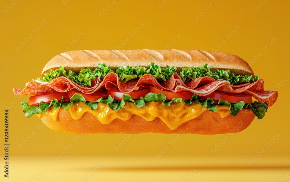 Floating giant sub sandwich with deli meats, lettuce, and tomato, Saint ...