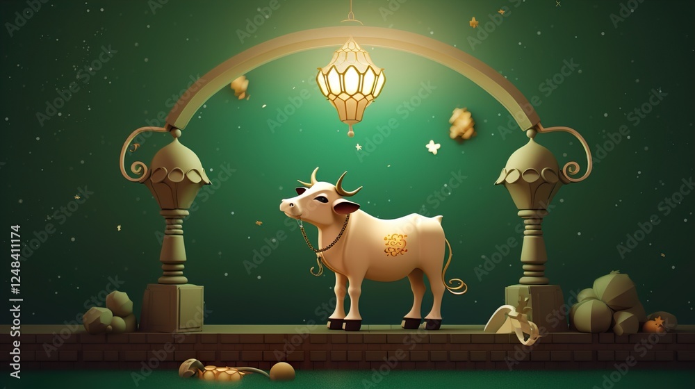 Bakra eid mubarak, eid al adha, cute cow on podium with Islamic ...
