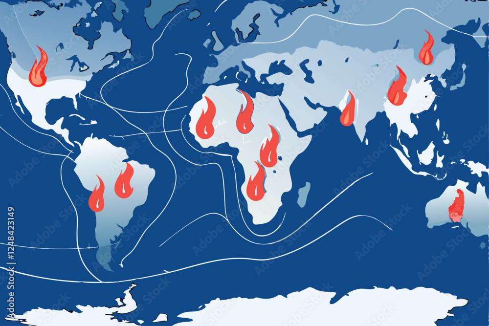 Create a detailed illustration of a world map engulfed by wildfire ...