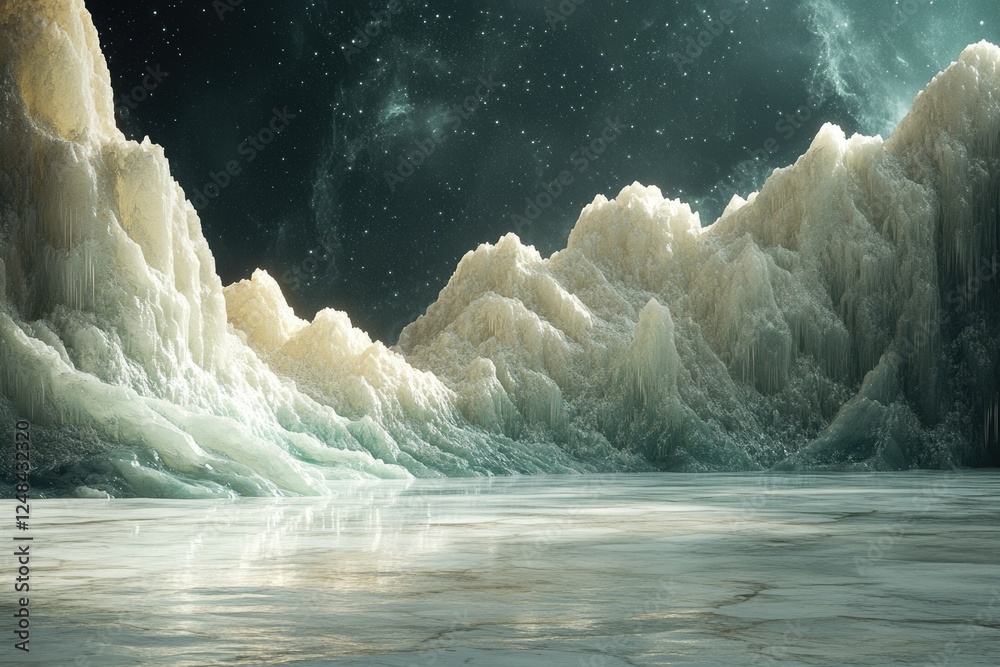 Alien icy landscape under a starry night sky, vast and serene, with a ...