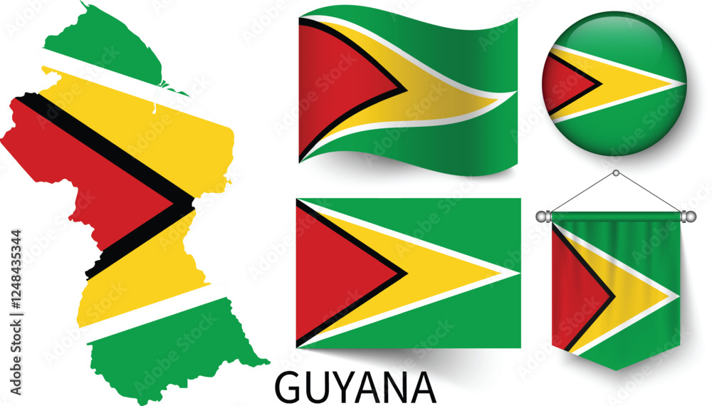 The different designs of Guyana's national flags and the map showing ...