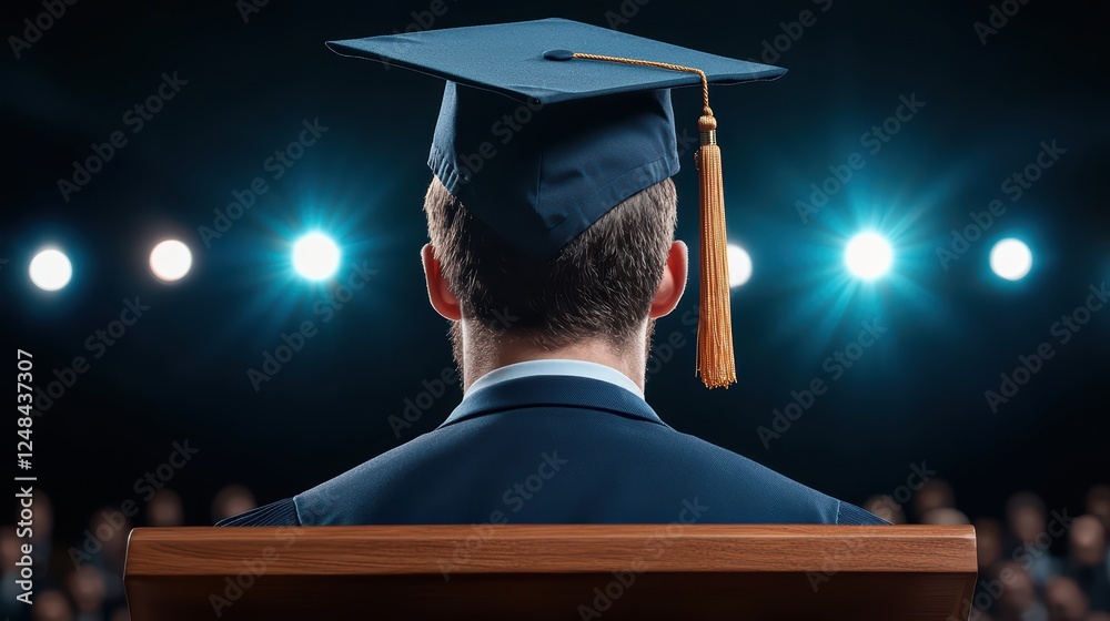 Graduation Ceremony Featuring Student in Cap and Gown from Back Stock ...