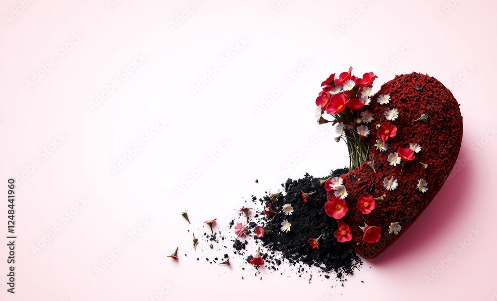A heart half red soil full of flowers half black soil withered flowers ...