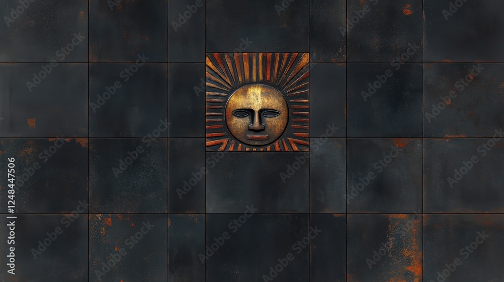 Unique sun face art installation embedded in dark square tiles at an ...