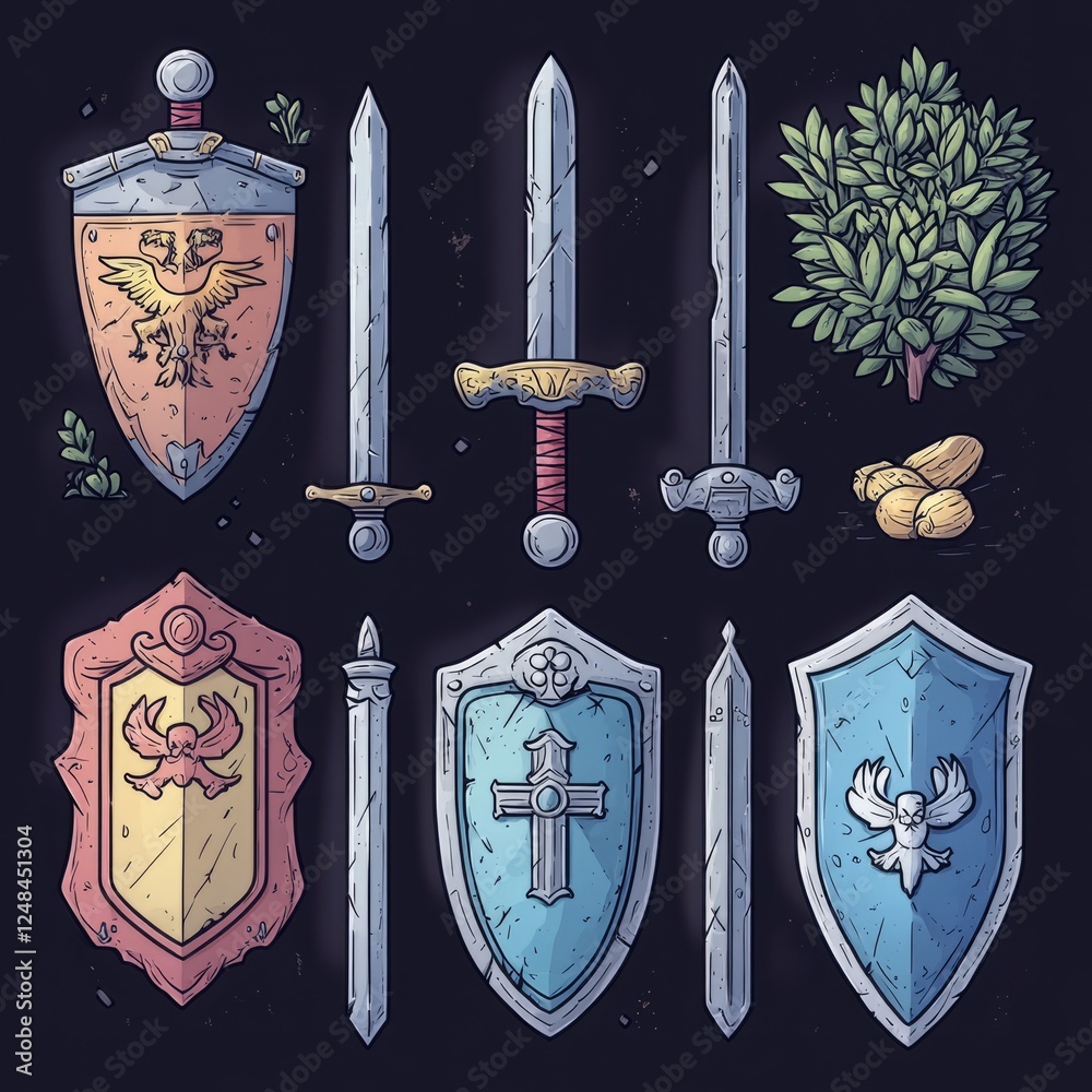 minimalist icons for a fantasy RPG game, hand-drawn style, includes swords, shields, potions ...