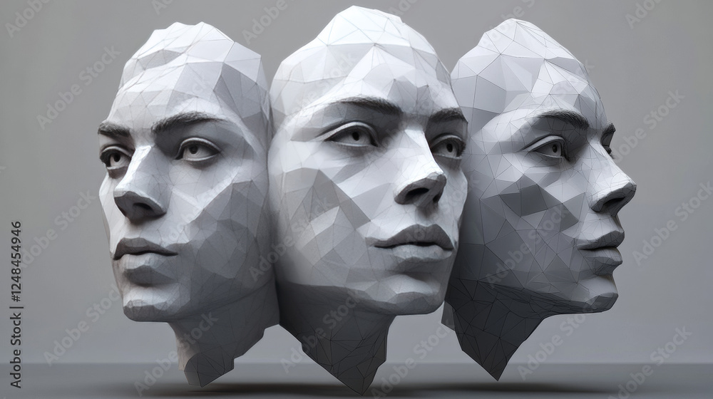 creative male or female face concept polygon surface mesh in 3 ...