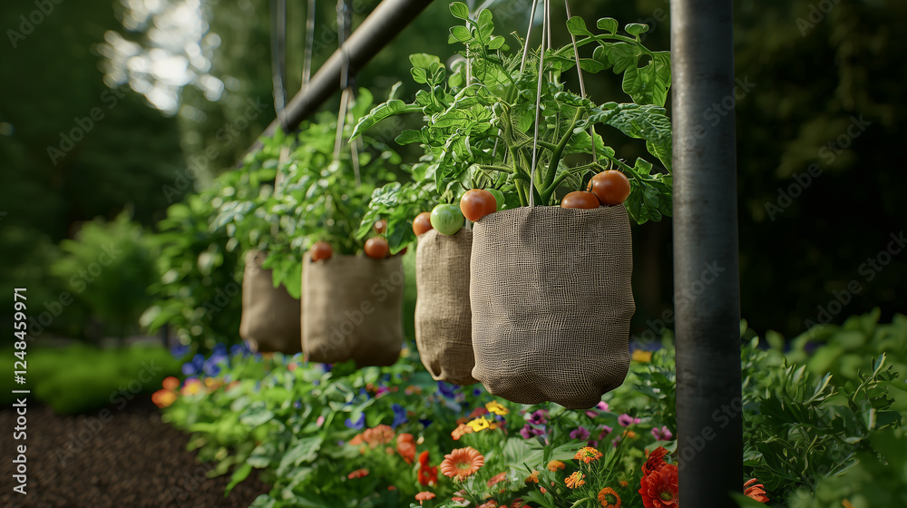 Upcycled burlap sacks transformed into thriving tomato planters Stock ...