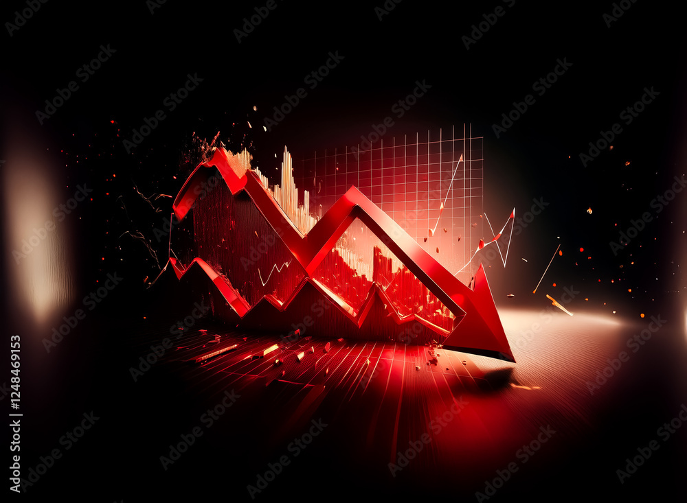 Double exposure art: Red arrow pointing down with a graph overlay. It ...