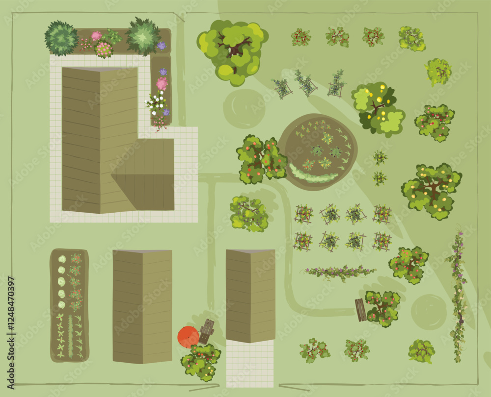 Site plan of a country house with a garden and vegetable garden. vector ...
