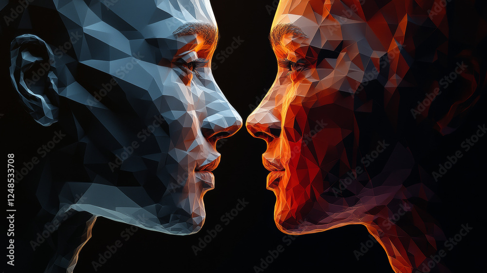 creative male or female face concept polygon surface mesh in 3 ...