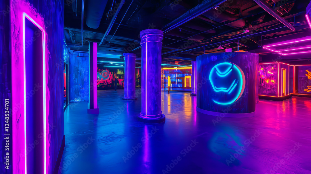 360 degree panorama of neon light industrial basement room with cyber ...