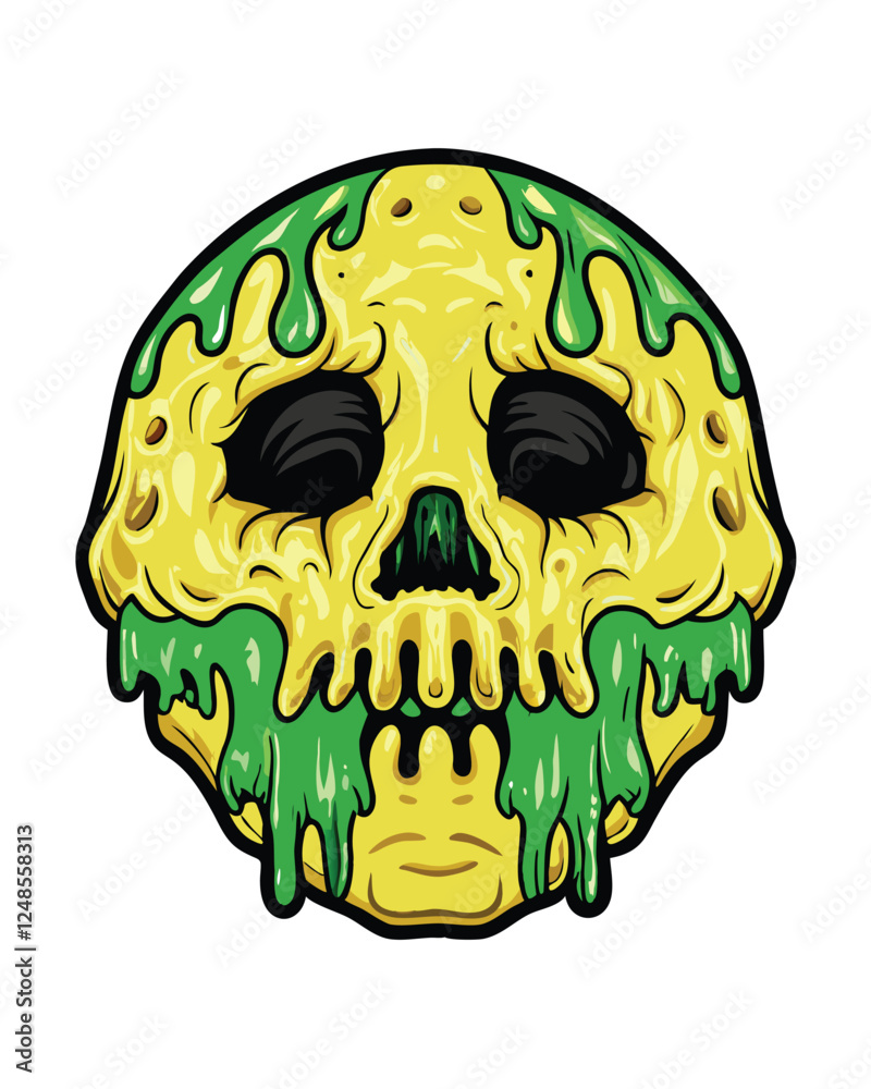 Generate a grotesque image of a melting human face, skin yellowed and ...