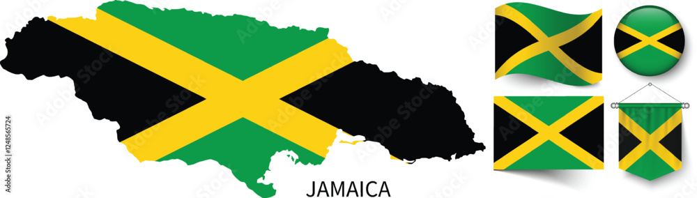 The different designs of Jamaica's national flags and the map showing ...
