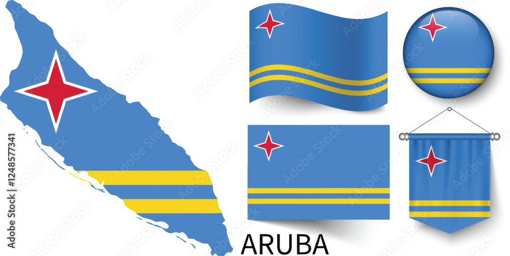 The different designs of Aruba's national flags and the map showing ...