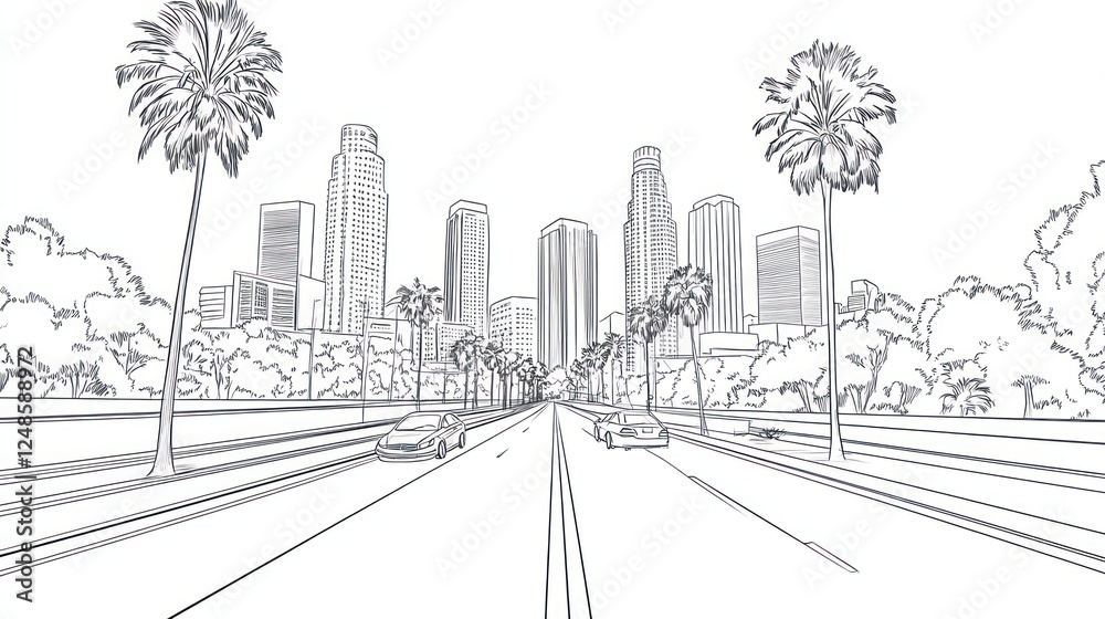 Los Angeles skyline, highway sketch, palm trees, city background, urban ...