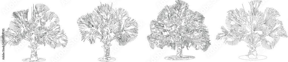 Minimal style cad tree line drawing, Side view, set of graphics trees elements outline symbol ...