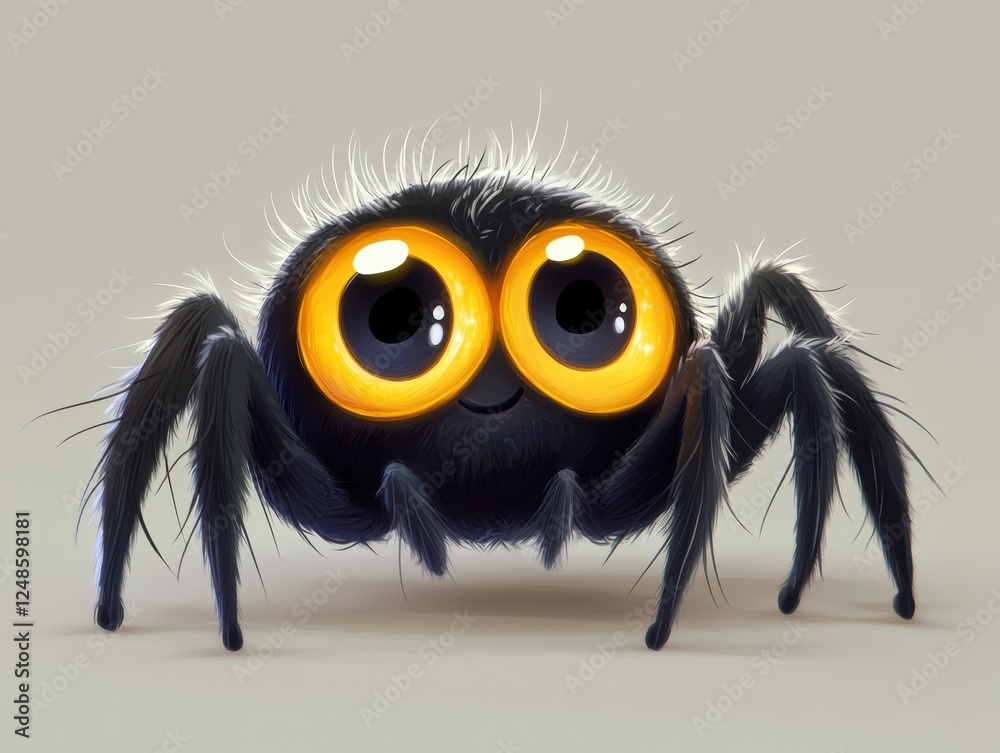 Cute cartoon spider with large expressive eyes and fluffy texture in a ...