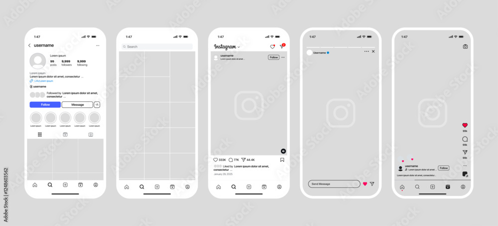Instagram social network app UI interface mockup design. instagram carousel post template photos ...